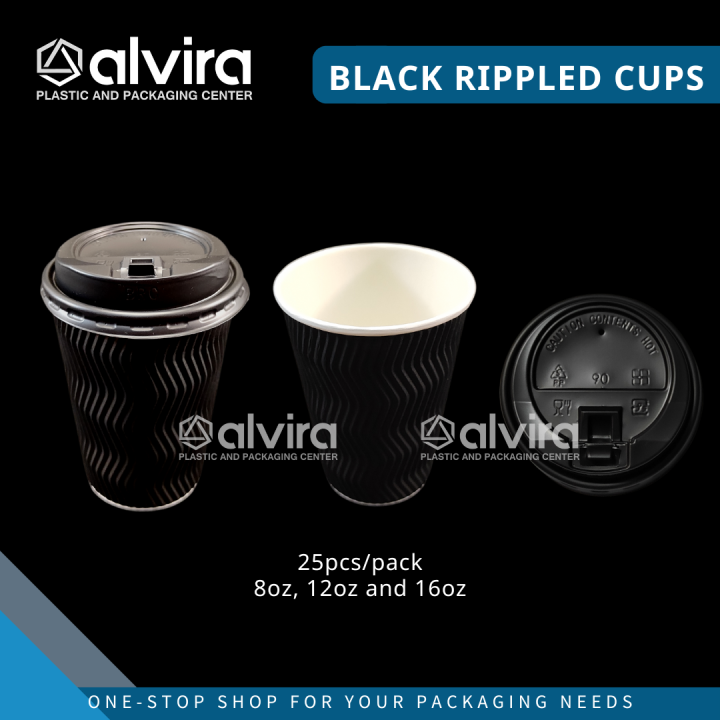 25pcs Black Rippled Cup with lid for Coffee and Hot Beverages | Lazada PH
