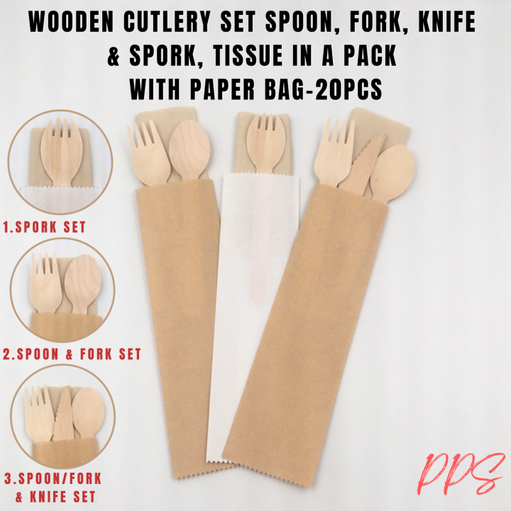 Wooden Cutlery Set Spoon, Fork, Knife & Spork, Tissue in a Pack with ...