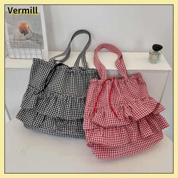 VERMILL สายรัด กระเป๋าโท้ต ลายตาราง ใบบัว กระเป๋าผ้าใบ แบบเกาหลี ความจุ ...