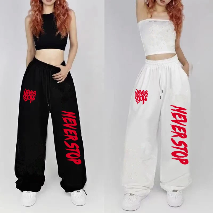 {hot} Black White Drawstring Design Sweatpants Women Street Dance Hip ...