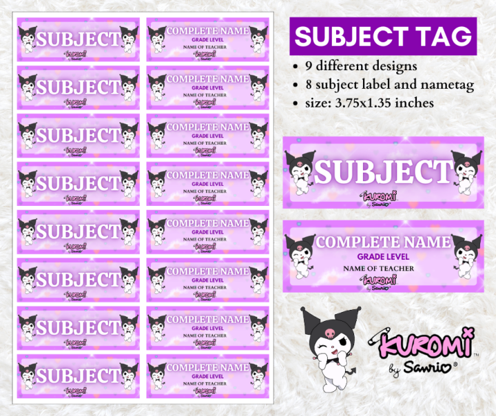 Kuromi Subject and Name Stickers / a4 Size / 8Subjects & 8Name Stickers ...