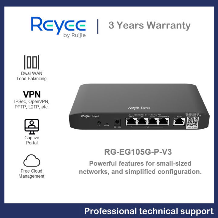 Ruijie-Reyee RG-EG105G-P-V3 Cloud Managed PoE Router 802.1X authentication, SNMP, dynamic ...