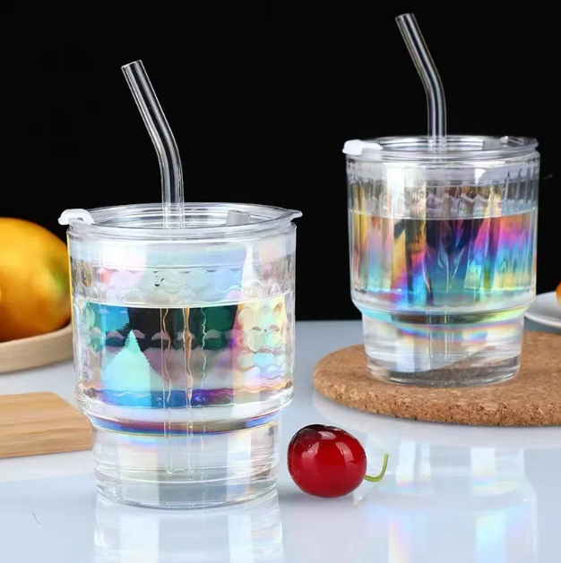 Buyyu 420ml Glass Cup With Lid and Straw Transparent Bubble Tea Cup ...