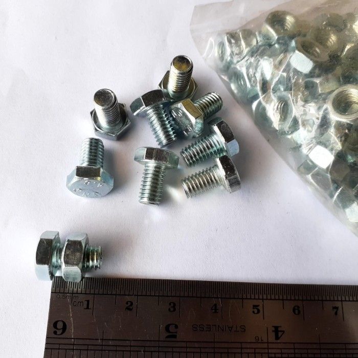 M6X10 (1 CM) BAUT MUR HEXAGON PUTIH FULL DRAT BMP M6 X 10 PANJANG 1 CM DIAMETER BODY 6MM BAUT ...
