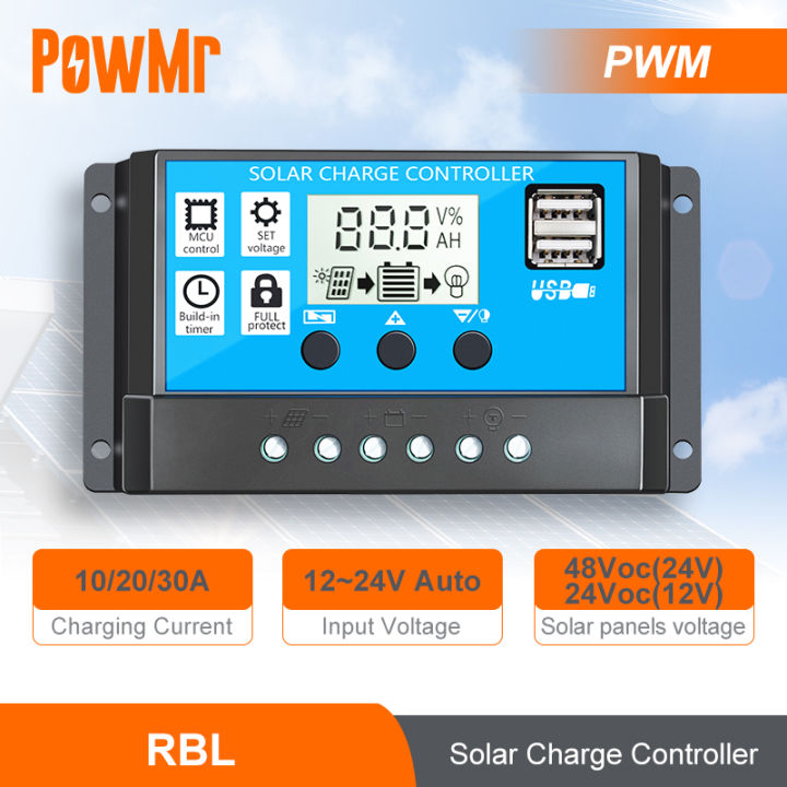PowMr 10A 20A 30A PWM Solar Controller 12V 24V LCD Display Auto with ...