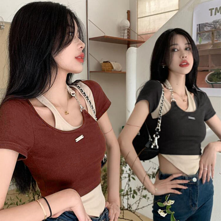 New Style Fake Two Piece T-Shirt Woman Short Sleeve Crop Tops | Lazada PH