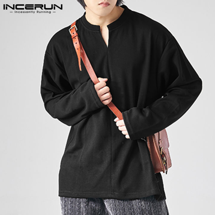 INCERUN เสื้อเชิ้ตแขนยาวคอวีสำหรับผู้ชาย,เสื้อเชิ้ตสวมหัวทรงหลวมสไตล์ ...