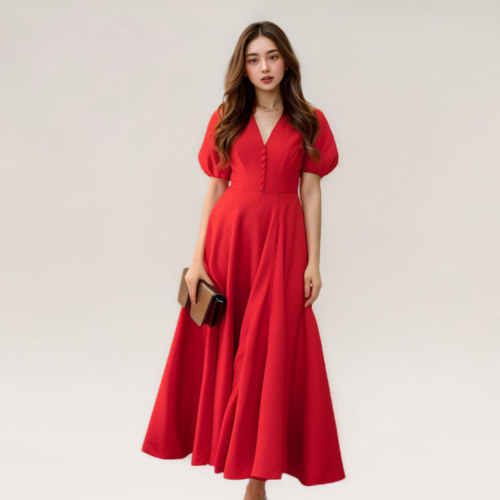 Closet Crush red long poof-sleeve V-neck dress | Lazada PH