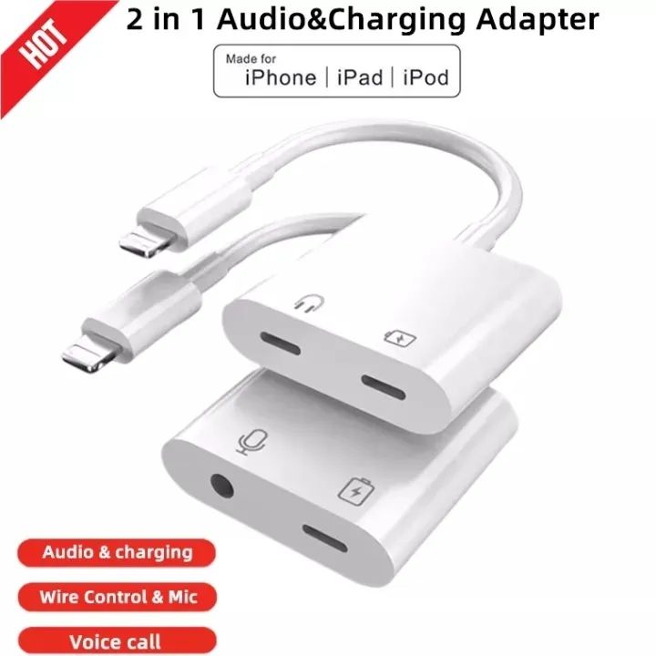 2 in 1 Lightning to 3.5mm Headphones Adapter For iPhone 15 14 13 12 Pro ...