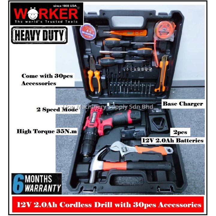 WORKER 12V 2.0Ah 35N.m Cordless Drill with 30pcs Accessories - Brand ...