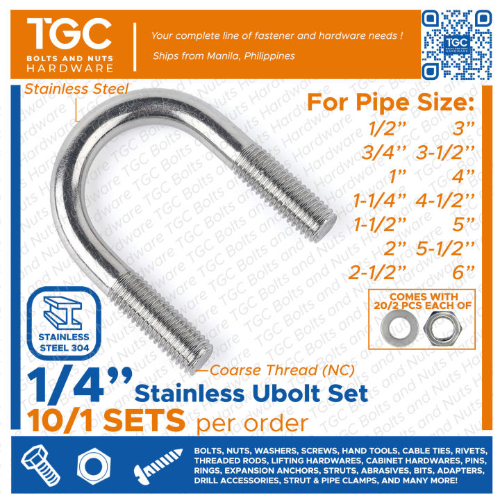 TGC 10/1PCS SS Ubolt 1/4 dia x 1/2~6 inches Stainless U Bolt Pipe ...