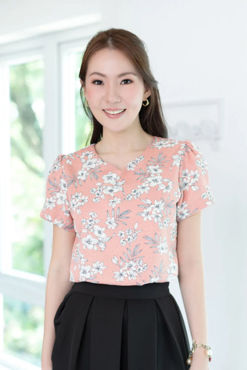 Narinari : MT0206 Folded Sleeve Blouse เสื้อทำงาน แขนจีบ ผ้าทอมีลายในตัว | Lazada.co.th