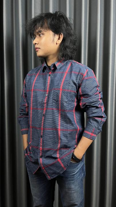 LVT Kemeja Merah Garis Pria & Wanita - Kemeja Kotak-Kotak Unisex ...