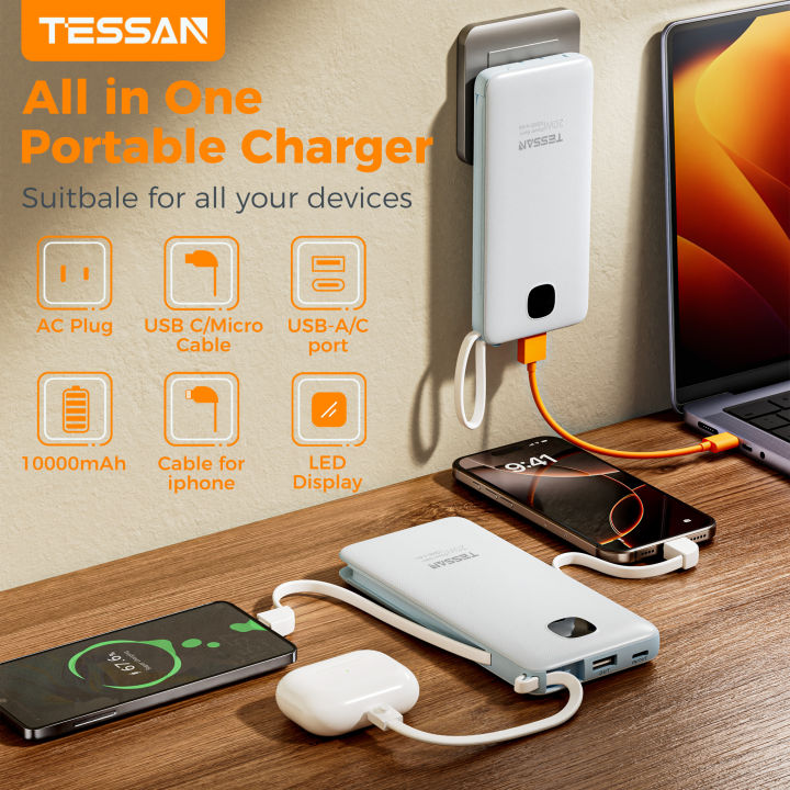 TESSAN 10000mAh Powerbank Portable Lightning Connector Type C Plug ...