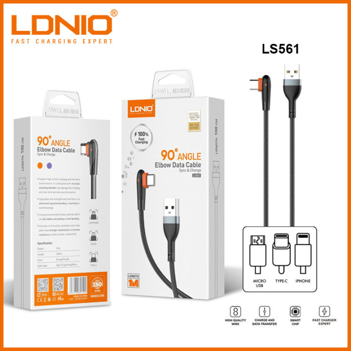 LDNIO LS581 / LS561 90” Angle Elbow Data Cable Sync & Charge 1 Meter 2.4A Micro / Type-C / iP ...