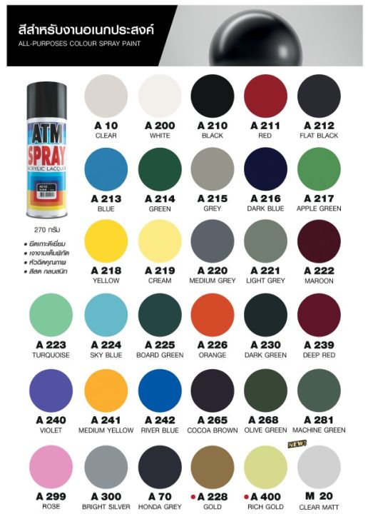 ATM ACRYLIC LACQUER เอทีเอ็ม สีสเปรย์ สเปรย์ สำหรับงานอเนกประสงค์ ขนาดบรรจุ 270 กรัม ชนิดฟิล์ม ...