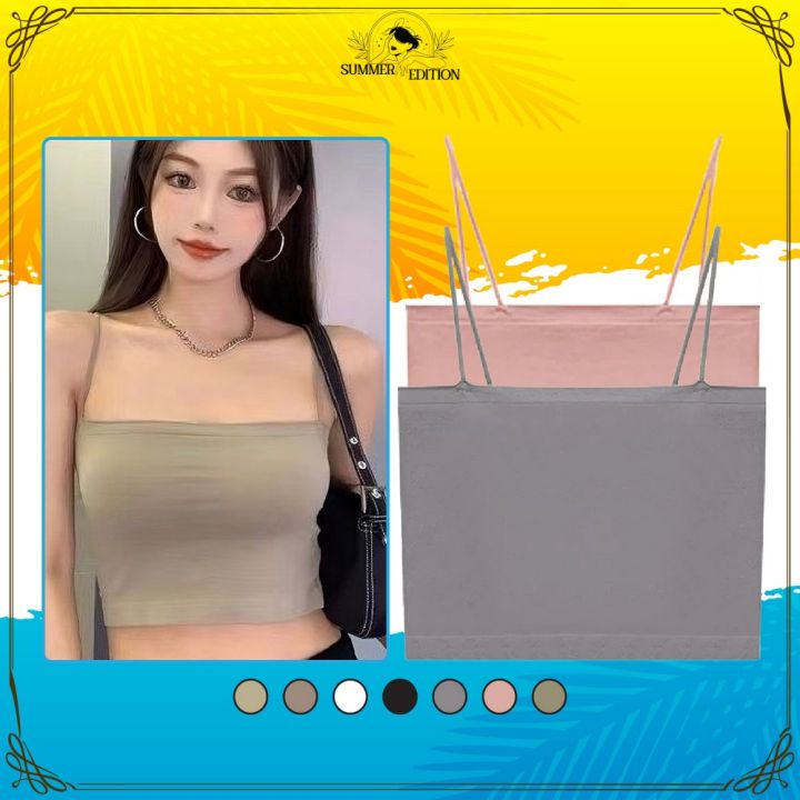 Tank Top Crop Tali Basic Tanpa Lengan Pakaian Dalam Polos Gaya Wanita ...