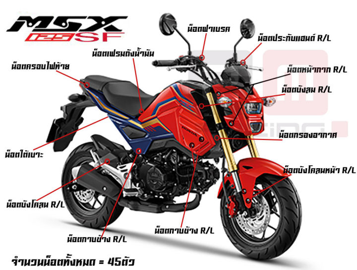 น็อตชุดสี Msx-125 SF ปี2016-2021 ก้นหอย (1ชุด45ตัว) ฟรี !! น็อตประกับ ...