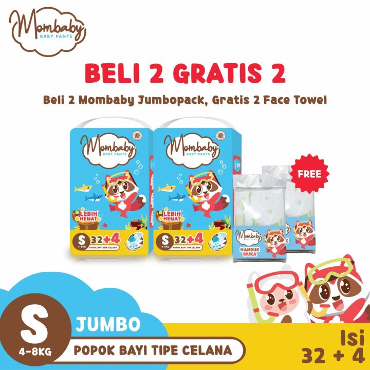 Mombaby Pants Jumbo Pack - Bundle 2 free Face Towel - S32+4 | Lazada Indonesia