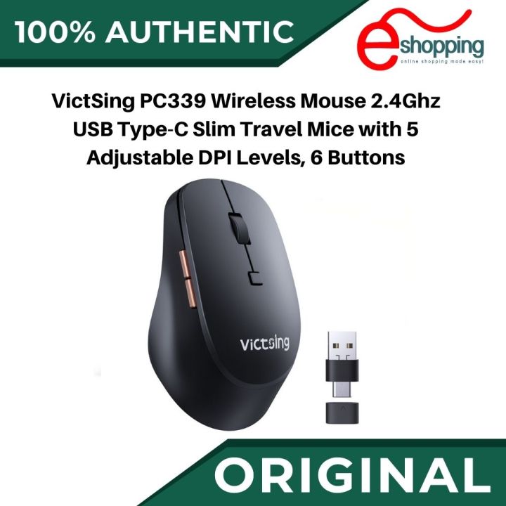 VictSing PC339 Wireless Mouse 2.4Ghz USB Type-C Slim Travel Mice with 5 ...