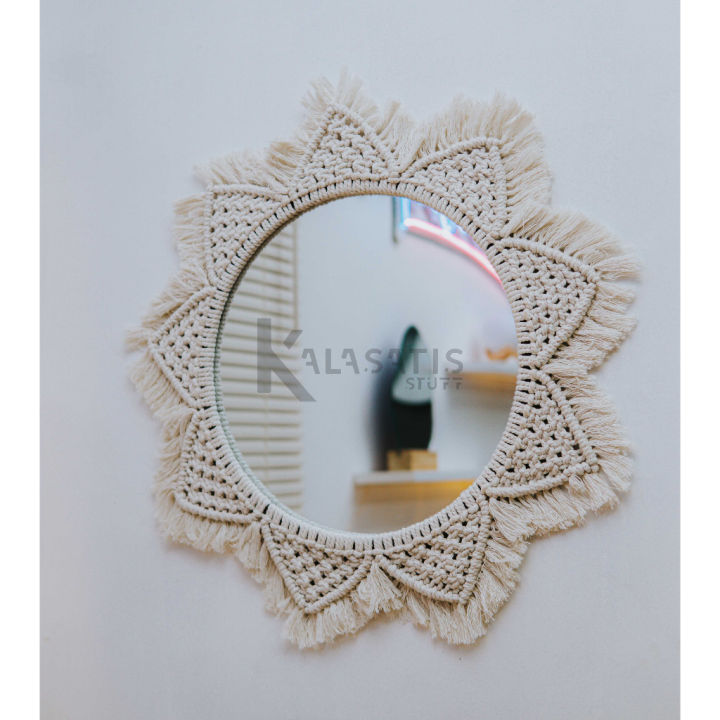 cermin kaca makrame rotan ring bulat / macrame mirror diameter 35 dan ...