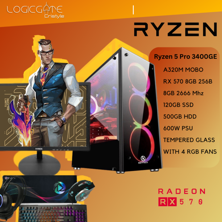 Gaming PC Set Ryzen 5 Pro 3400GE | RX 570 8GB | 8GB | 120GB SSD | 500GB ...