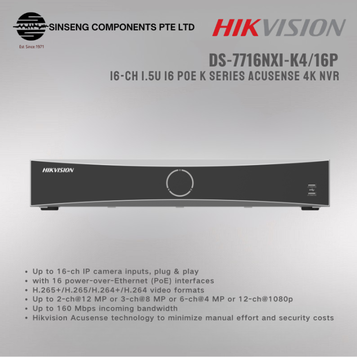 Hikvision DS-7716NXI-K4/16P 16CH 1.5U 16 POE K Series AcuSense 4K NVR | Lazada Singapore
