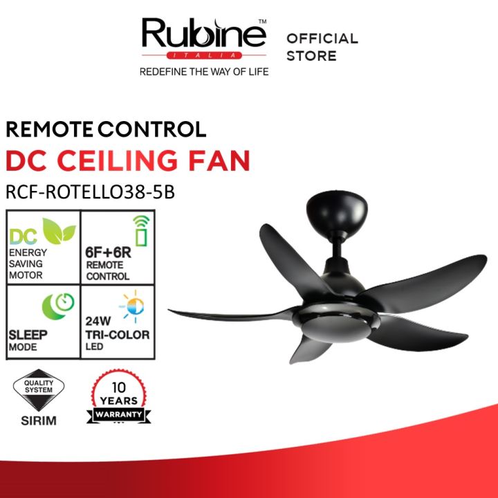 Rubine ROTELLO Series Remote Control DC Ceiling Fan / 38 Inch / 5 Blades / Tri-Color 24W LED ...