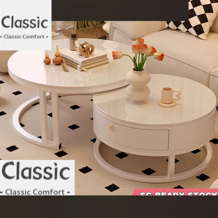 Double Round Coffee Table Set of 2, Modern Accent Marble Texture Tables ...