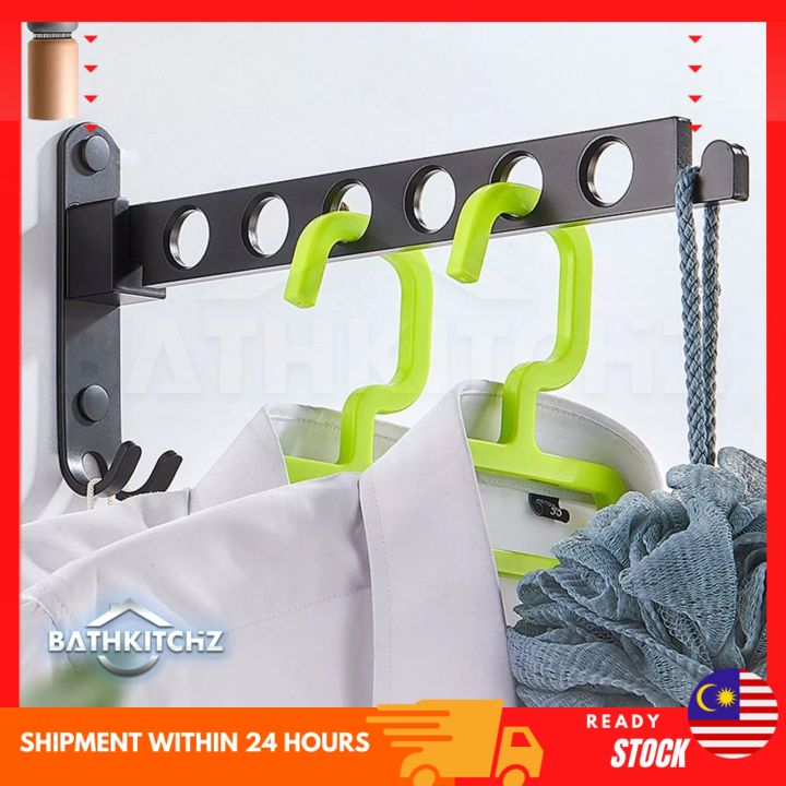 BATHKITCHZ Matte Black Aluminium Folding Clothes Hanger Foldable Wall ...