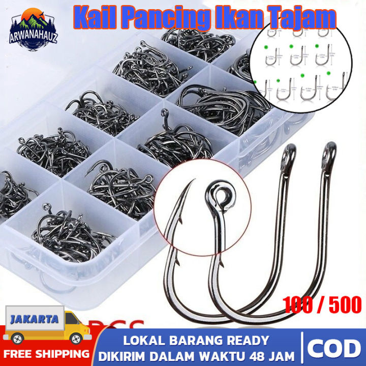 100/500Buah Kait Ikan Baja Karbon Kail Pancing Ikan Tajam dari No.3 s/d ...