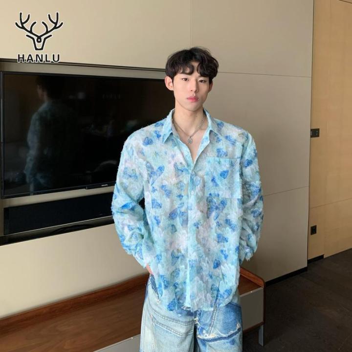 Hanlu เสื้อผู้ชายแขนยาวลายดอกไม้ทันสมัยและลำลองฤดูร้อนเสื้อเชิ้ตตัวบาง ...