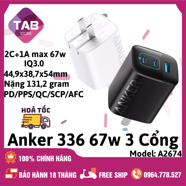 Sạc Anker 336 67w 3 Cổng 2C+1A Gan PD/PPS2.0/QC3.0 - A2674 (Bảo Hành 18T) | Lazada.vn