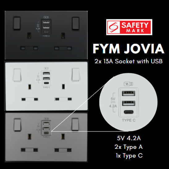 FYM Jovia 2x13A Double Socket with USB Singapore Safety Mark Matt Black ...