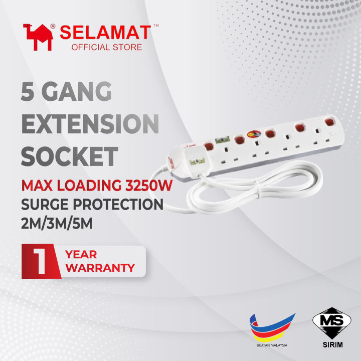 Selamat 5 Gang Surge Protection Extension Socket/Trailing Socket (2M/3M/5M) | Lazada