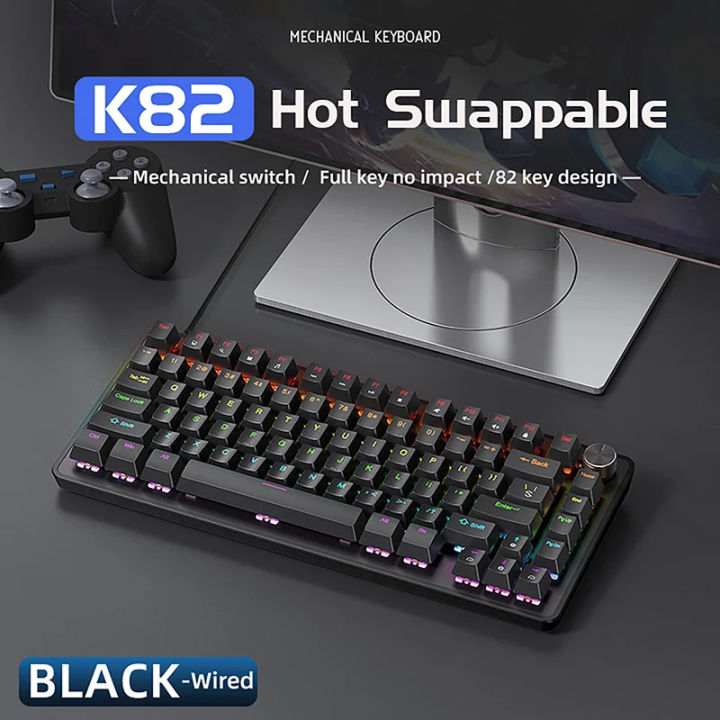 735 75% คีย์บอร์ดเล่นเกมแบบมีสายลูกบิดโลหะ,Hot-Swap K82แป้นพิมพ์ Nical สีดำ ABS ตัวอักษรโปร่งใส ...