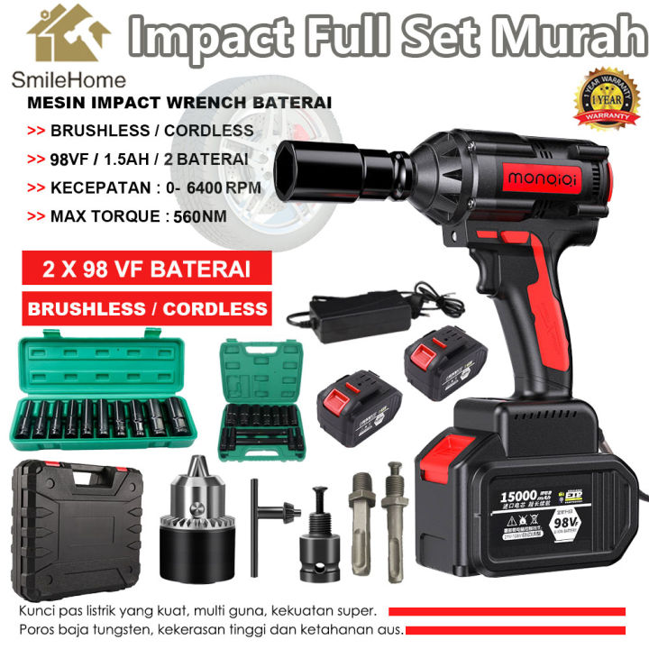 Impact Full Set Murah/Impact Wrench Cordless 98V 560N/M 2 Baterai/Mesin ...