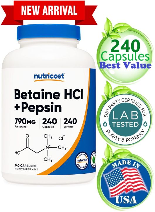 Betaine HCL + Pepsin 240 Caps 790mg for Digestive + Skin Health ...
