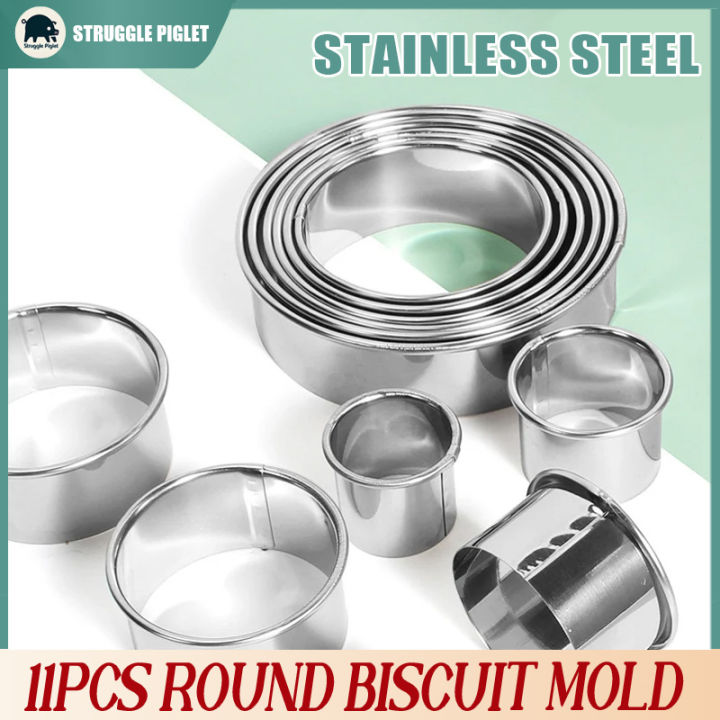 11PCS Stainless Steel Round Cookie Moulds Set Mousse Cake Ring Biscuit ...