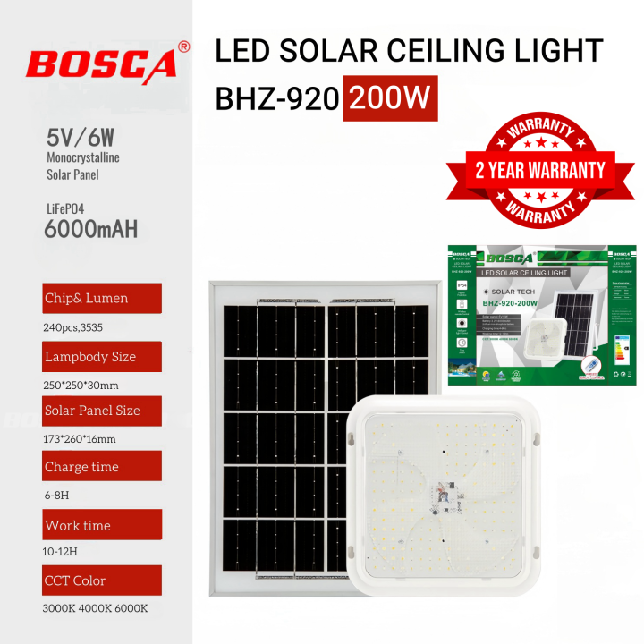 BOSCA 2 Year Warranty 200W LED Solar Ceiling Light Remote Control Adjustable Color BHZ-920 ...