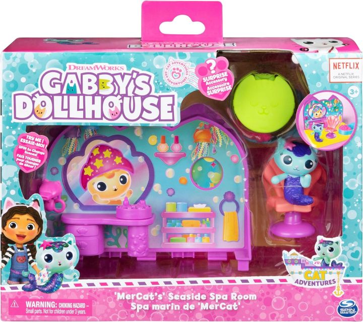 Gabby’s Dollhouse, MerCat’s Spa Room Playset, with MerCat Toy Figure ...