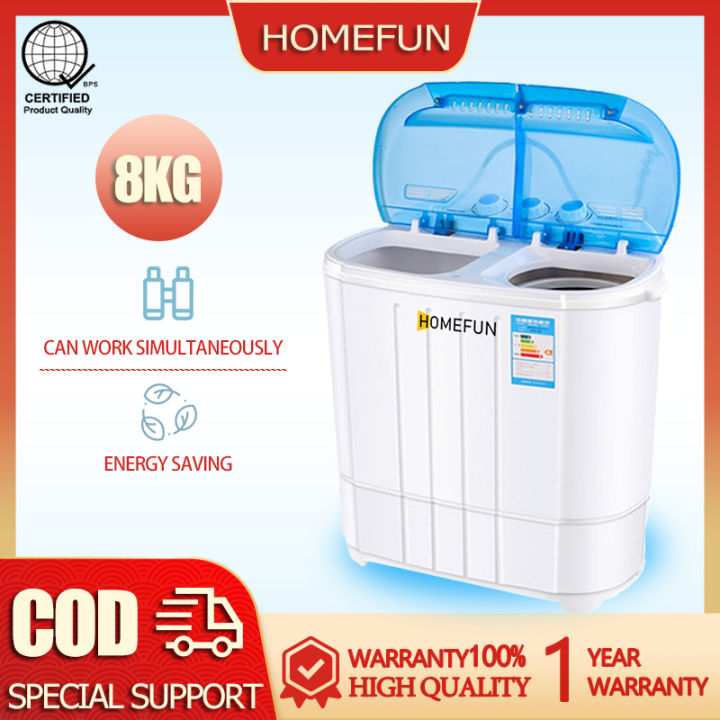 HOMEFUN Double Barre Semi-Automatic With Dry Washing Machine 8KG Large Capacity Blue Light Mini ...