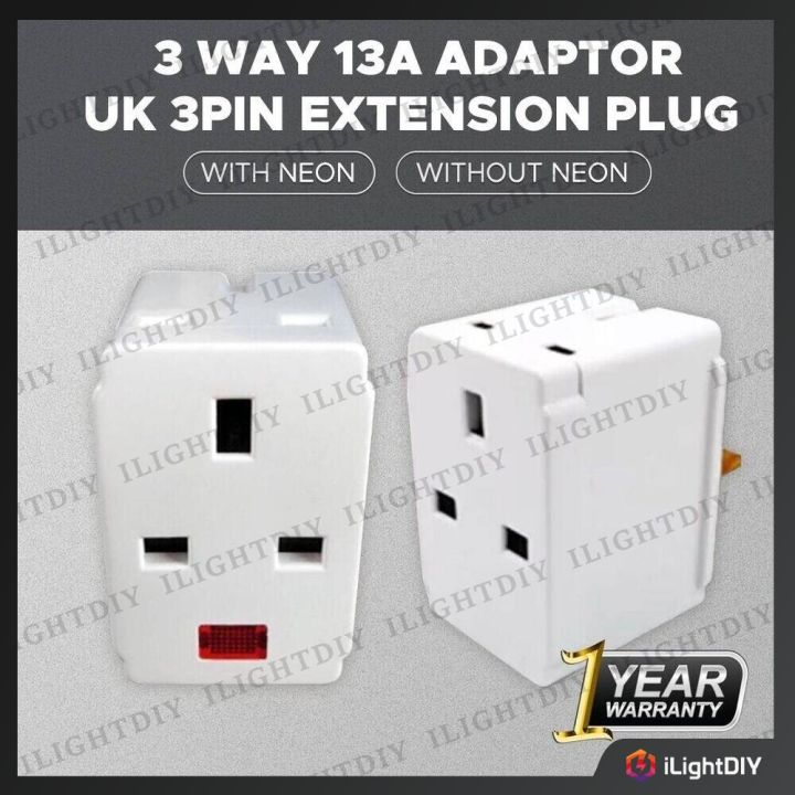 13A 3 WAY ADAPTOR UK 3PIN EXTENSION PLUG & SOCKET WITH NEON/WITHOUT ...