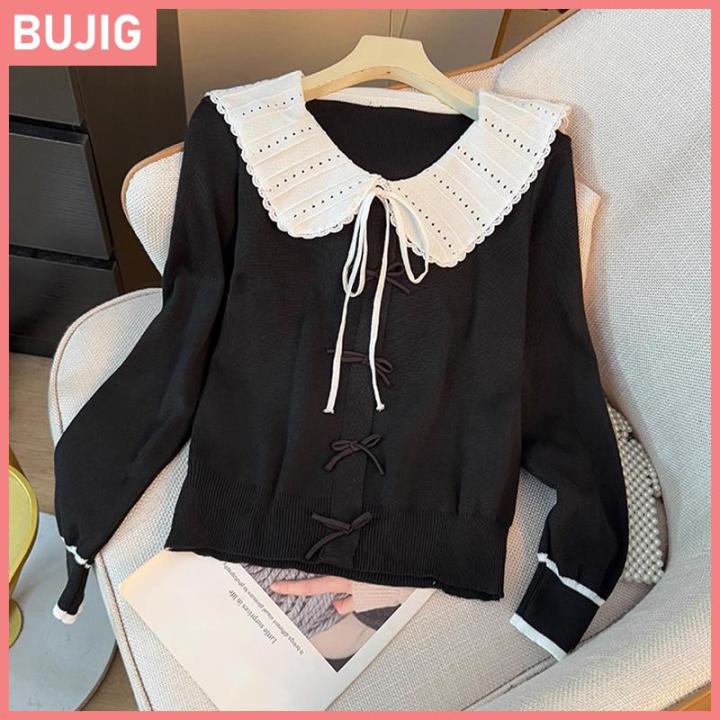 BUJIG เสื้อสเวตเตอร์ถักคอปกแขนยาวสำหรับผู้หญิง, เสื้อถักลำลองอเนก ...
