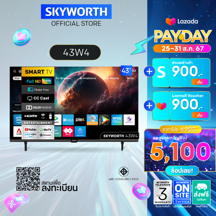 SKYWORTH สมาร์ททีวี ทีวี 43 นิ้ว Smart TV skyworth tv รุ่น 43W4 คมชัด ...