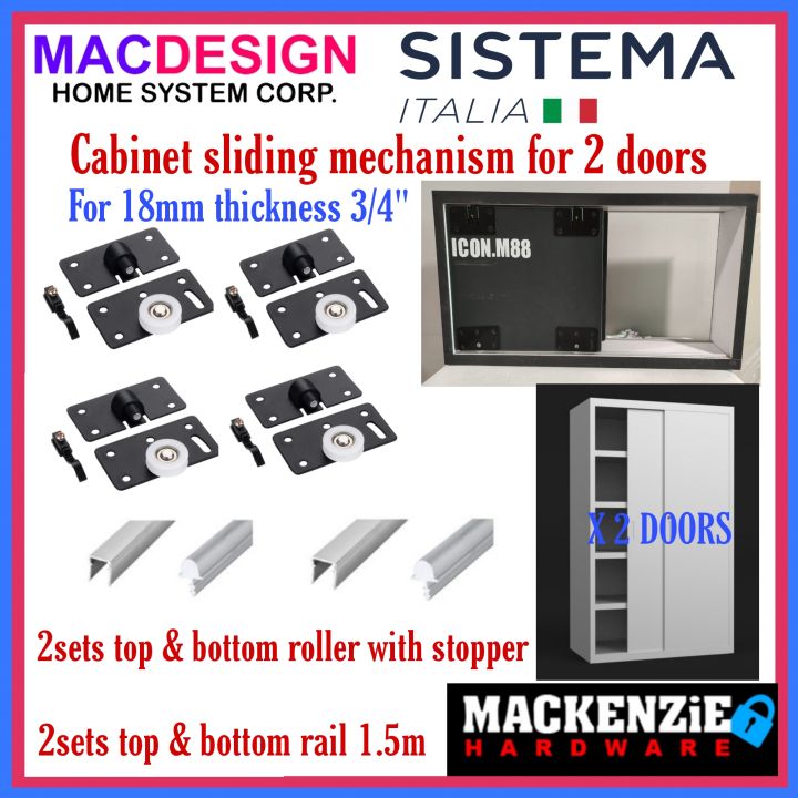 SISTEMA ITALY 2 DOORS CABINET SLIDING MECHANISM M88 BLACK 2 SETS ROLLER ...