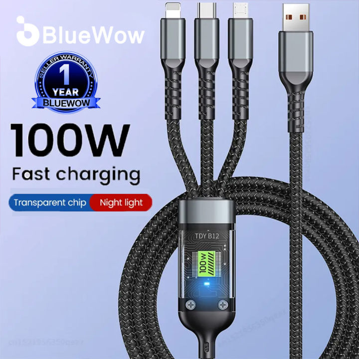 【100W 6A 】BlueWow 3 in 1 Fast Charging Cable Micro USB Type C Cable For iPhone Samsung Huawei ...