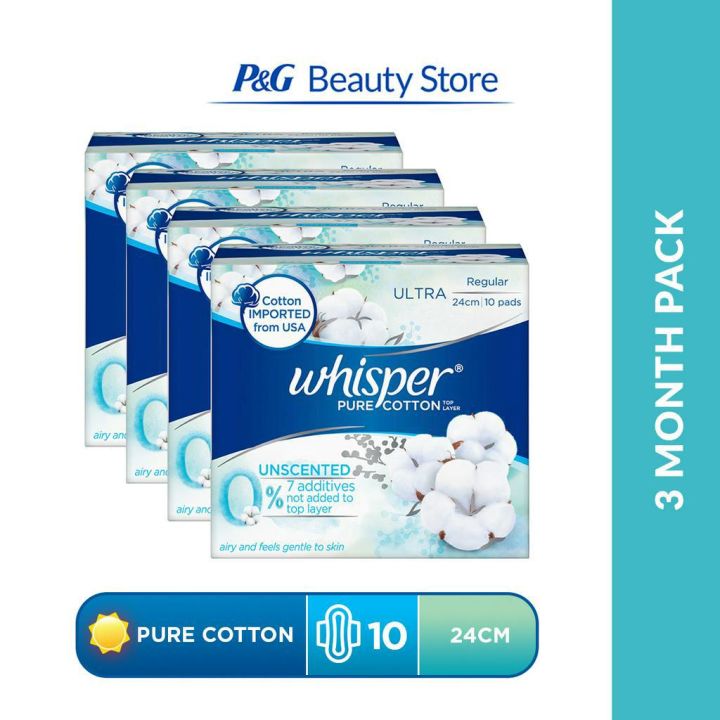 3-month pack Whisper Pure Cotton Unscented Regular 10s set of 4 | Lazada PH