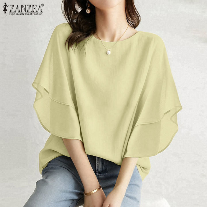 ZANZEA Korean Style Women Elegant Crew Neck Layered Blouses Raglan ...
