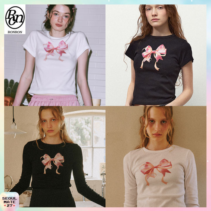 ️(พร้อมส่ง/ของแท้) ️ เสื้อยืด RON RON DOUBLE RIBBON SLIM CROP T-SHIRT ...